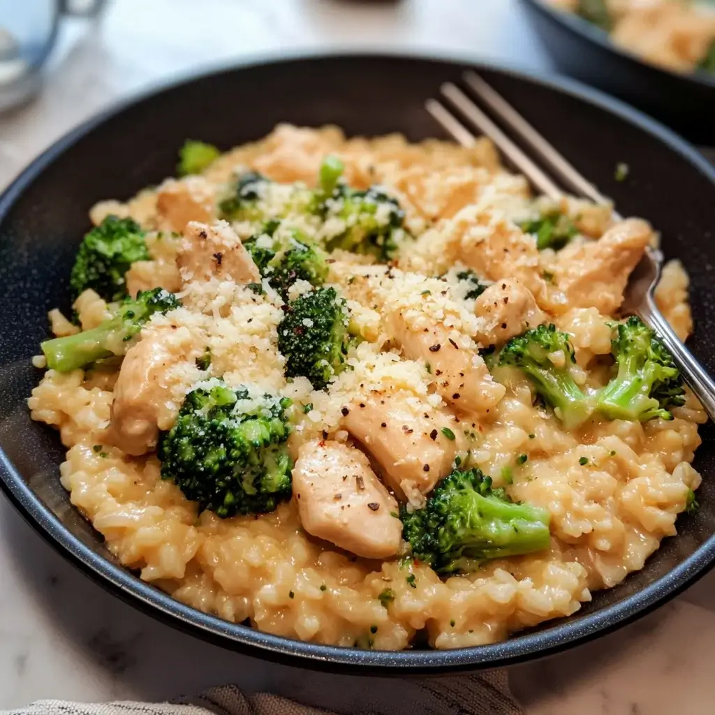 One Pan Extra Cheesy Chicken and Broccoli Risotto Recipe - Home Style Cooks